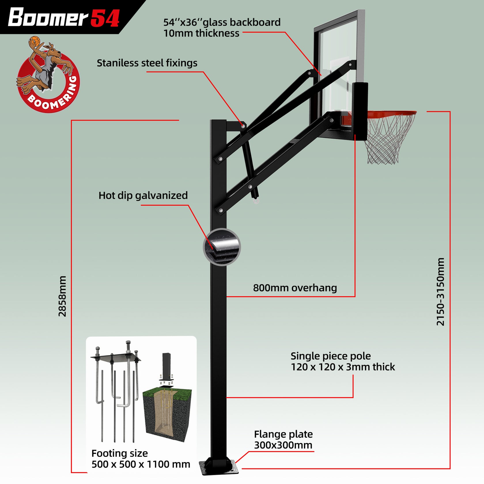 Boomer 54" - Home Basketball Hoop Post (In Ground, Front Wind) – Boomering